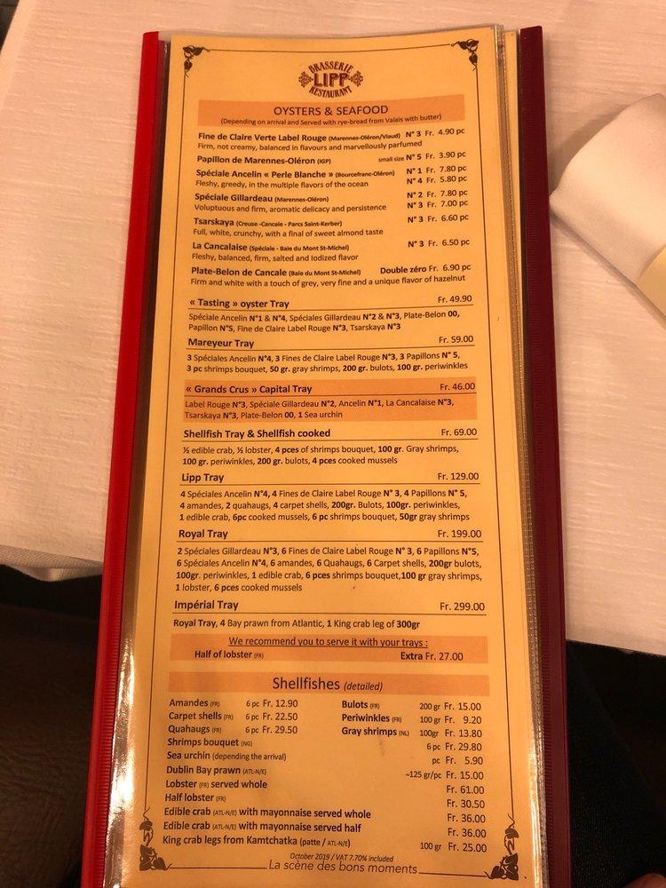 Menu at Brasserie Lipp, Geneva, Confédération Centre