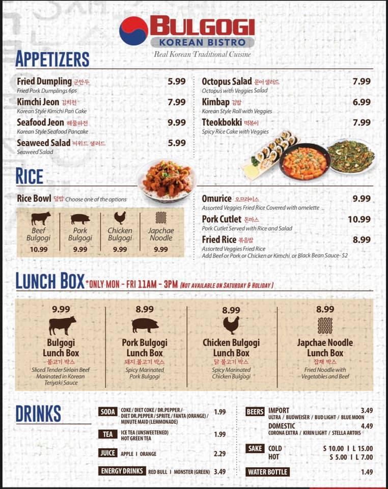 Menu at Bulgogi Korean Bistro restaurant, Edmond