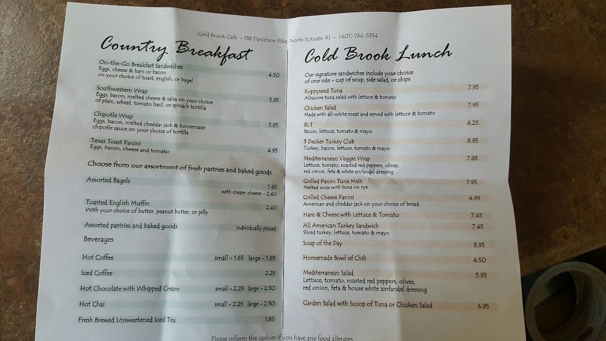 Menu at Cold Brook Cafe, Scituate