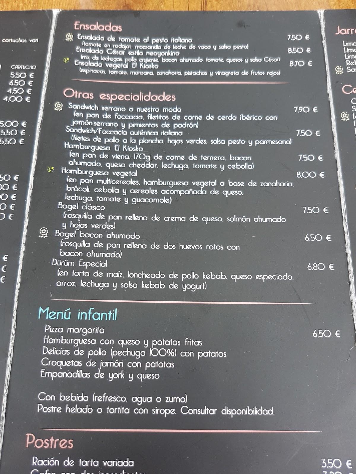 Carta del pub y bar El Kiosco, Jerez del la Frontera