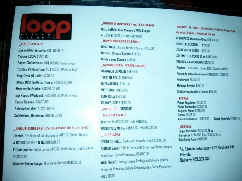 Menu at Loop, Santo Domingo