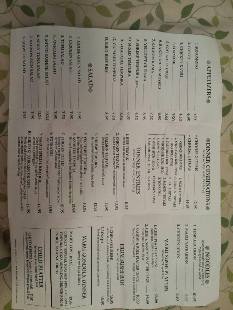 Menu at Maru Sushi restaurant, Westminster, Goldenwest St