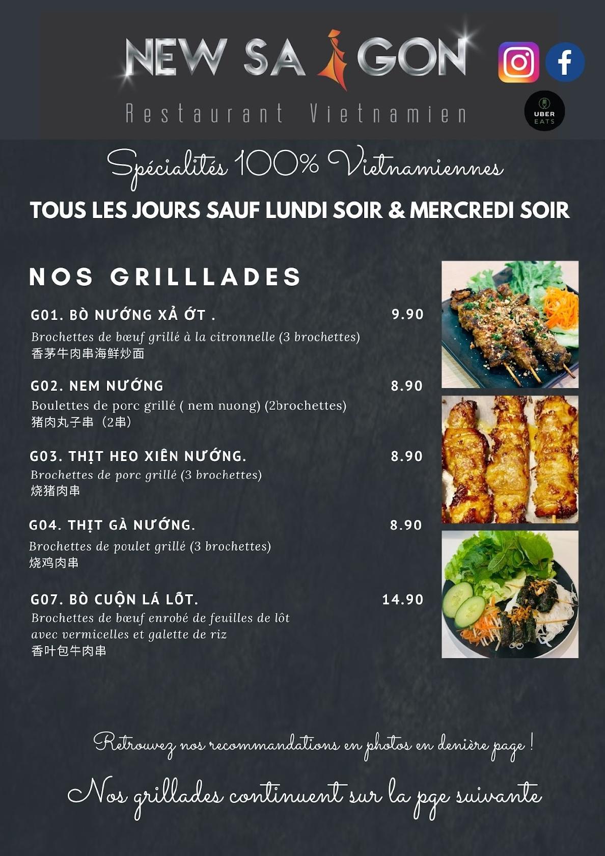 Menu au New Saigon restaurant, Lognes