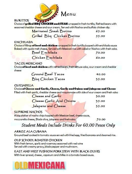 Menu at OLD Mexicana restaurant, Naga
