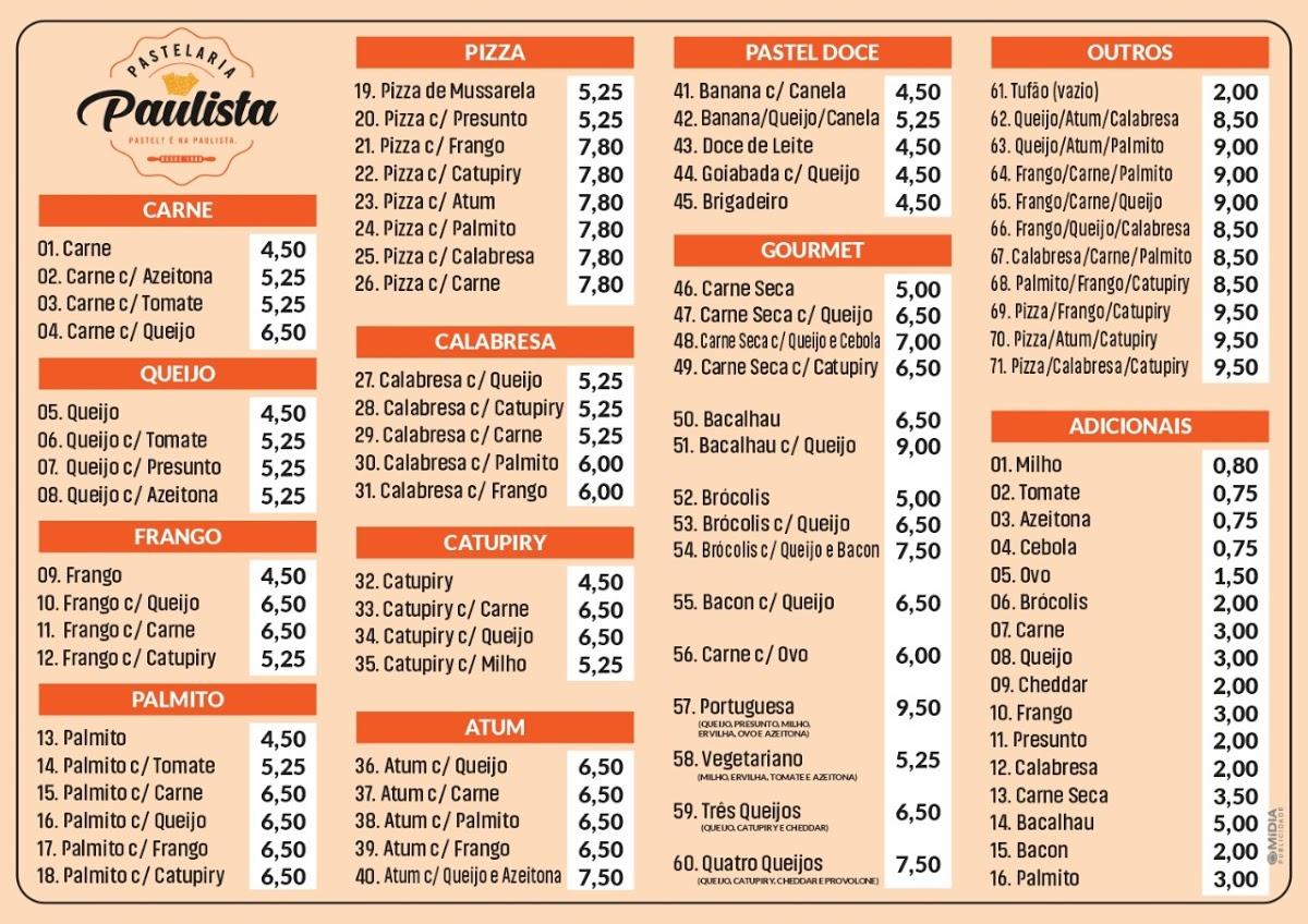 Menu em Pastelaria Paulista, Alfenas