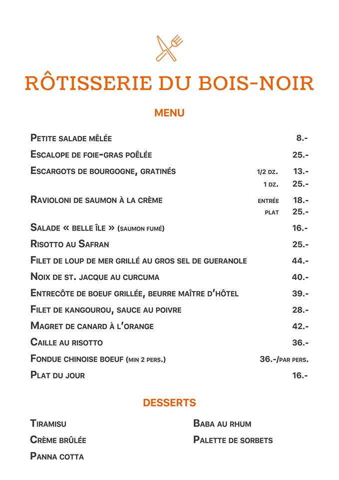 Menu au Rôtisserie du Bois-Noir, Saint-Maurice