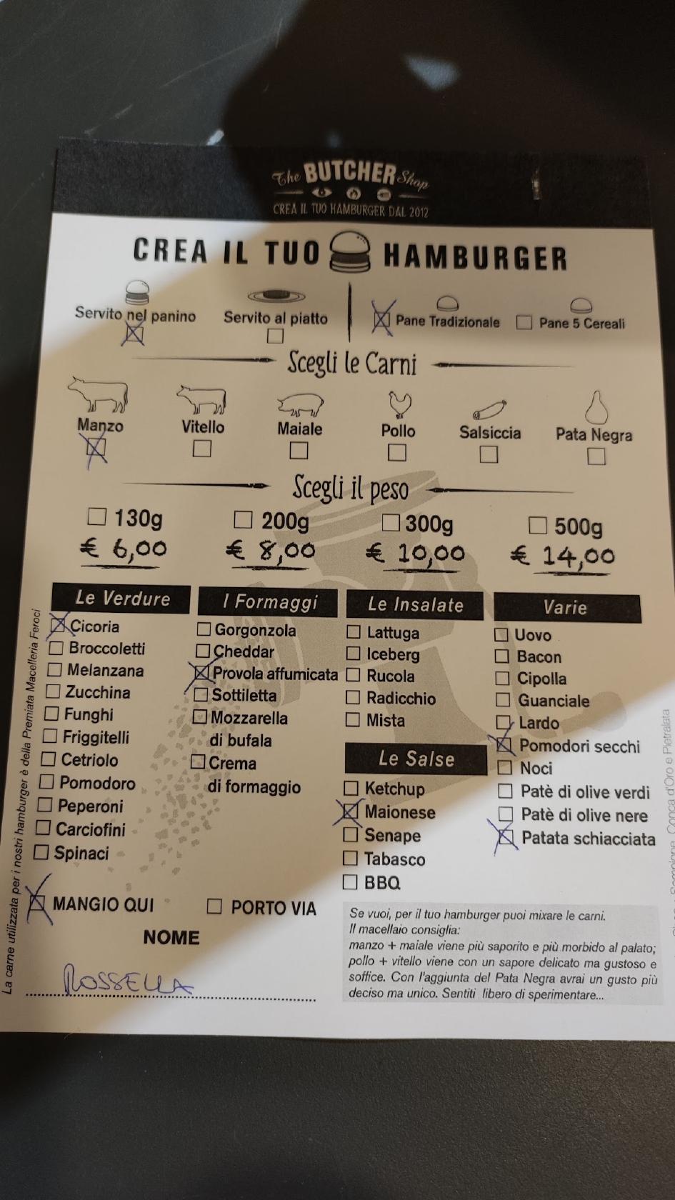 Menu at The Butcher Shop restaurant, Rome, Via Nomentana