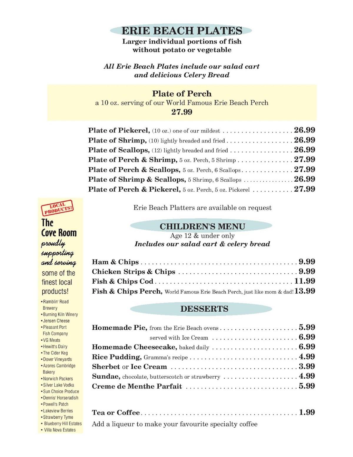 Menu at The Cove Room restaurant, Port Dover