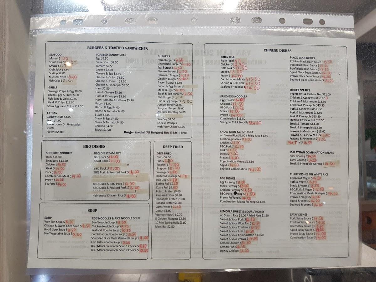 Menu at Van Lam Takeaways fast food, Auckland