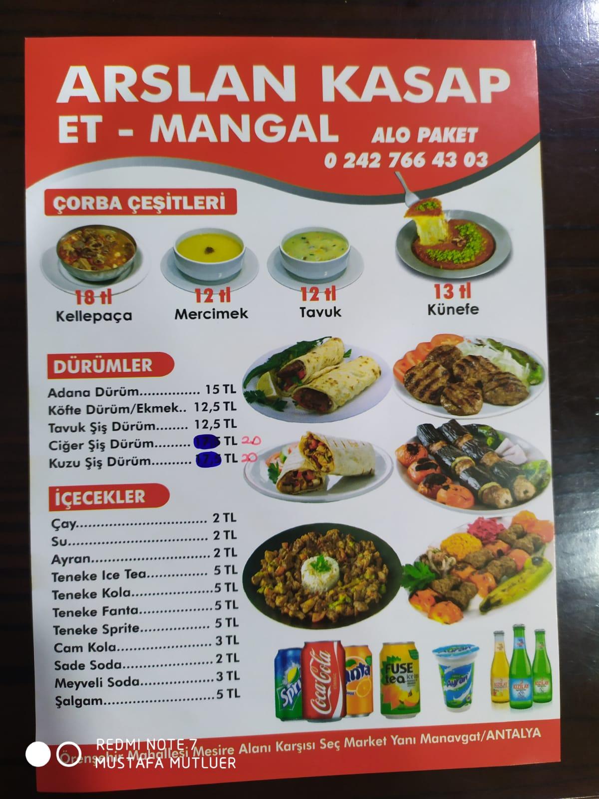Menu at ARSLAN KASAP & RESTORAN, Turkey
