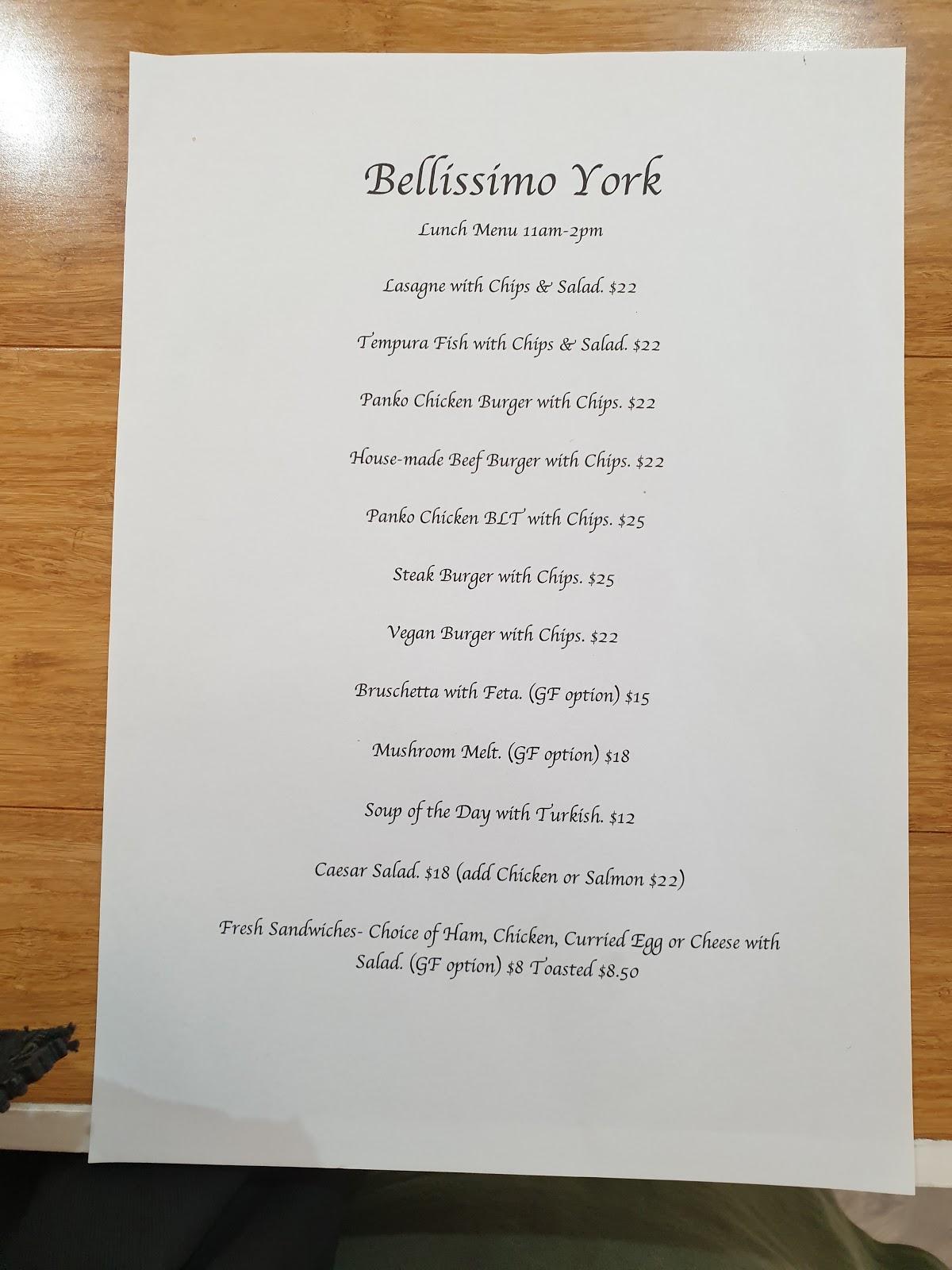 Menu at Bellissimo York restaurant, York