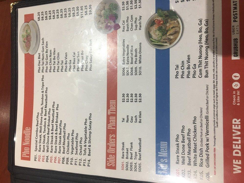 Menu at Pho Mai Mai Restaurant, North Las Vegas