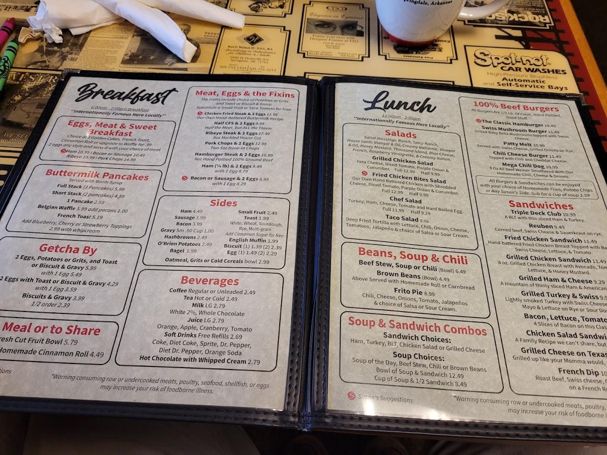 Menu at Susan's Restaurant, Springdale