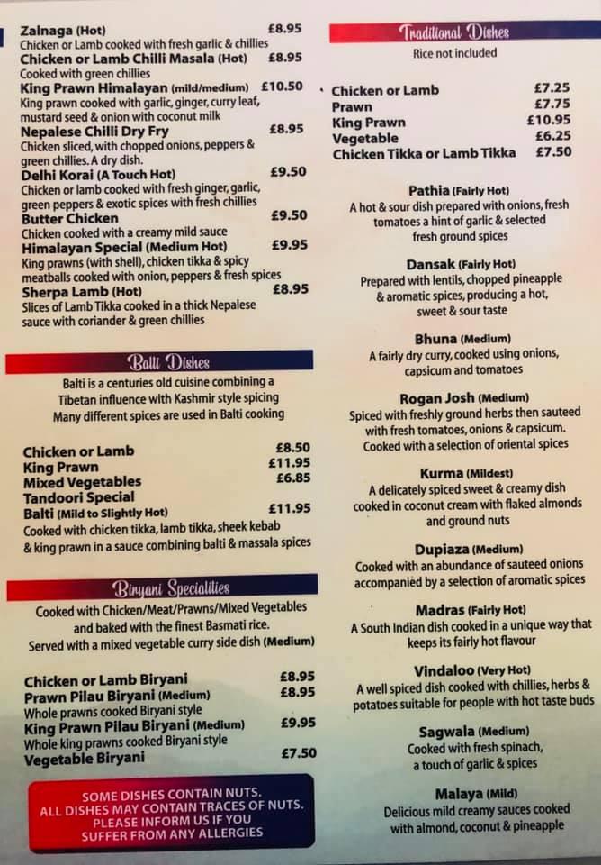 Menu at Taste of the Himalayas Launceston restaurant, Launceston