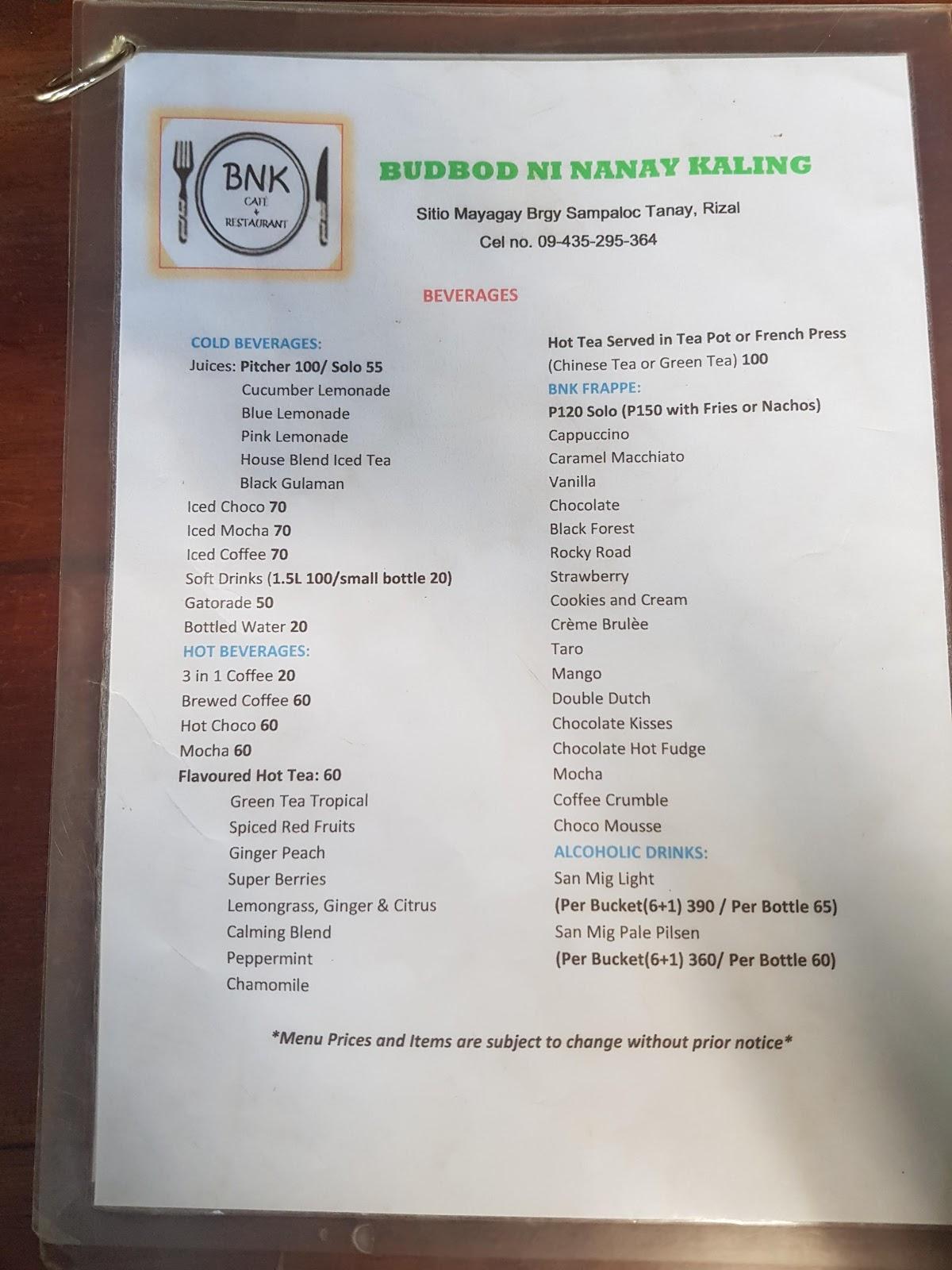 Menu at BNK Cafe & Resto - Budbod ni Nanay Kaling, Tanay