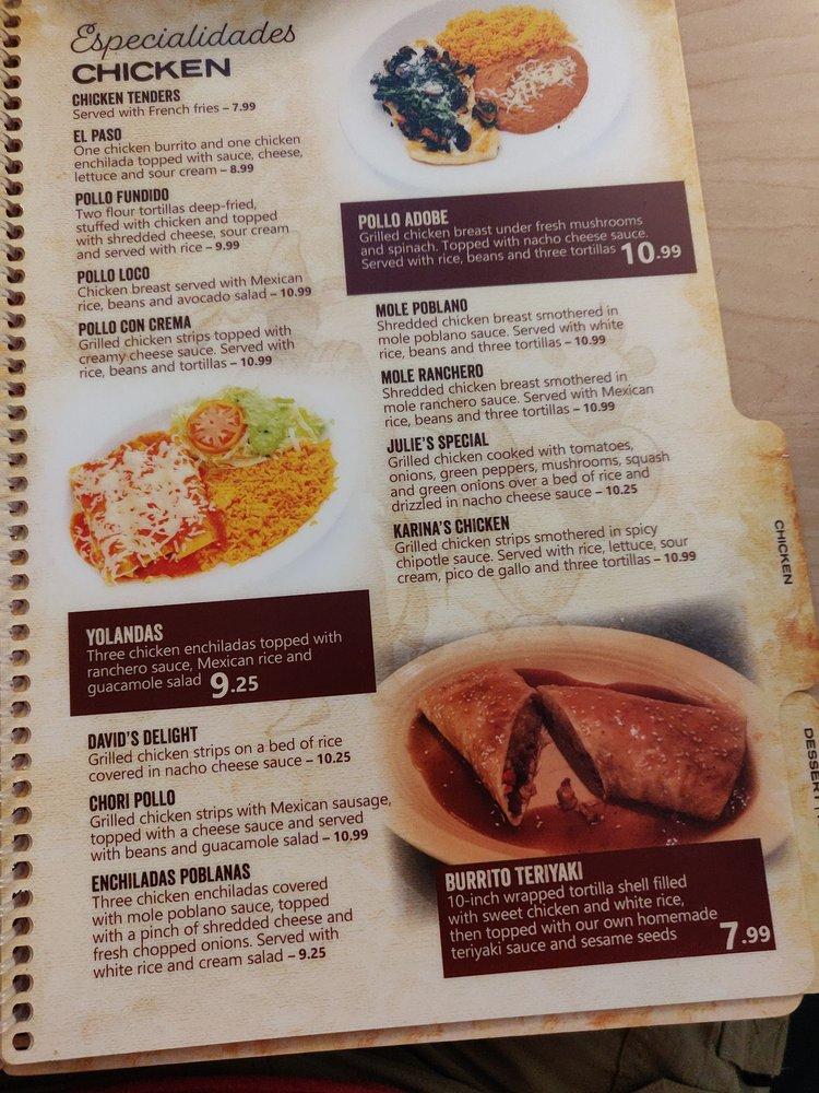 Menu at El Mexicano restaurant, Clover
