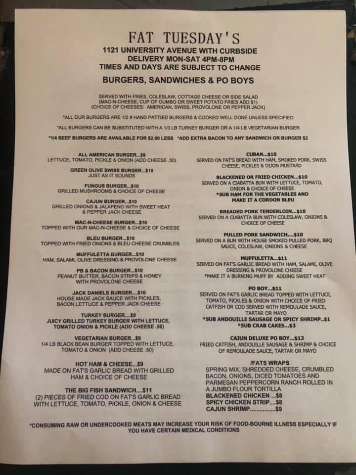 Menu at Fat Tuesday's pub & bar, Dubuque