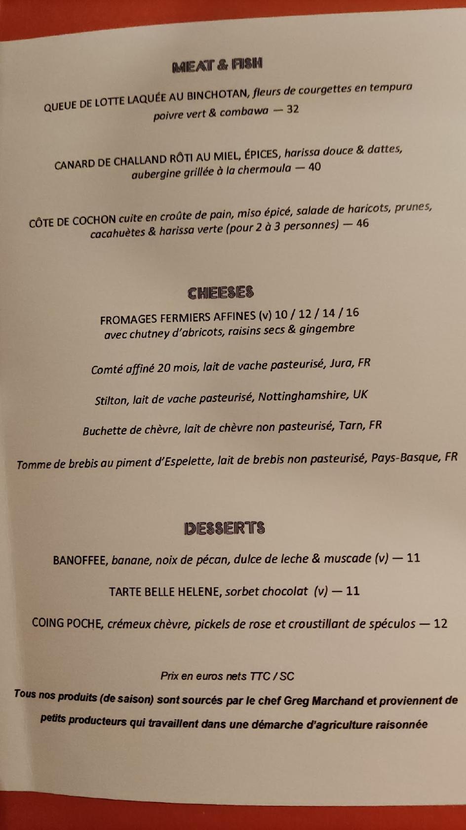 Menu at Frenchie Pigalle restaurant, Paris