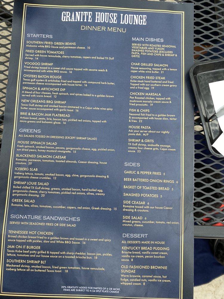 Menu at Granite House Lounge restaurant, Fredericksburg
