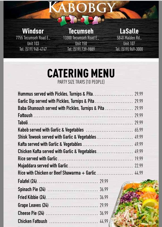 Menu at KABOBGY restaurant, Windsor, Tecumseh Rd