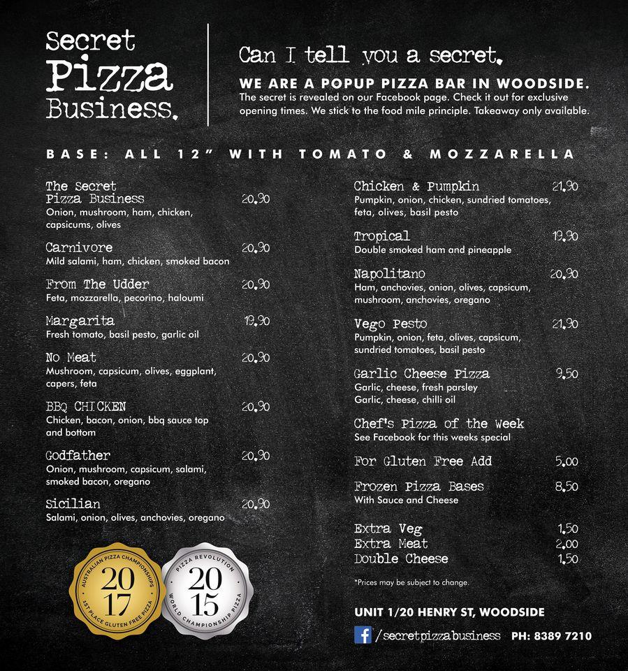 Menu at Secret Pizza Business pizzeria, Woodside