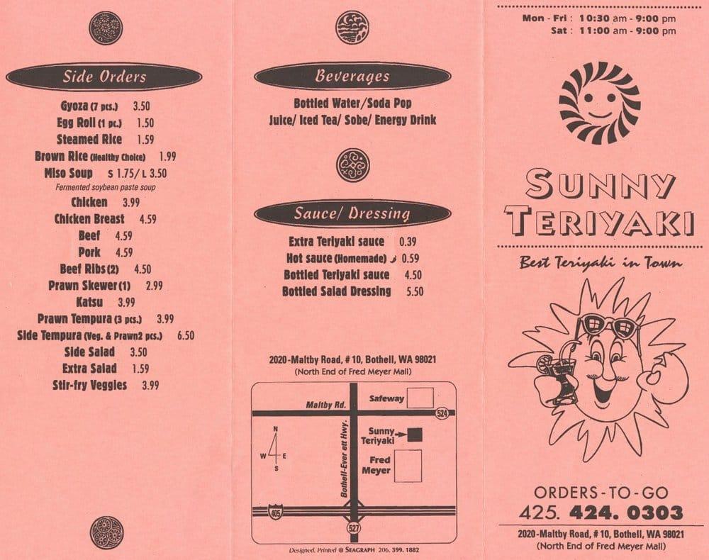 Menu at Sunny Teriyaki restaurant, Bothell
