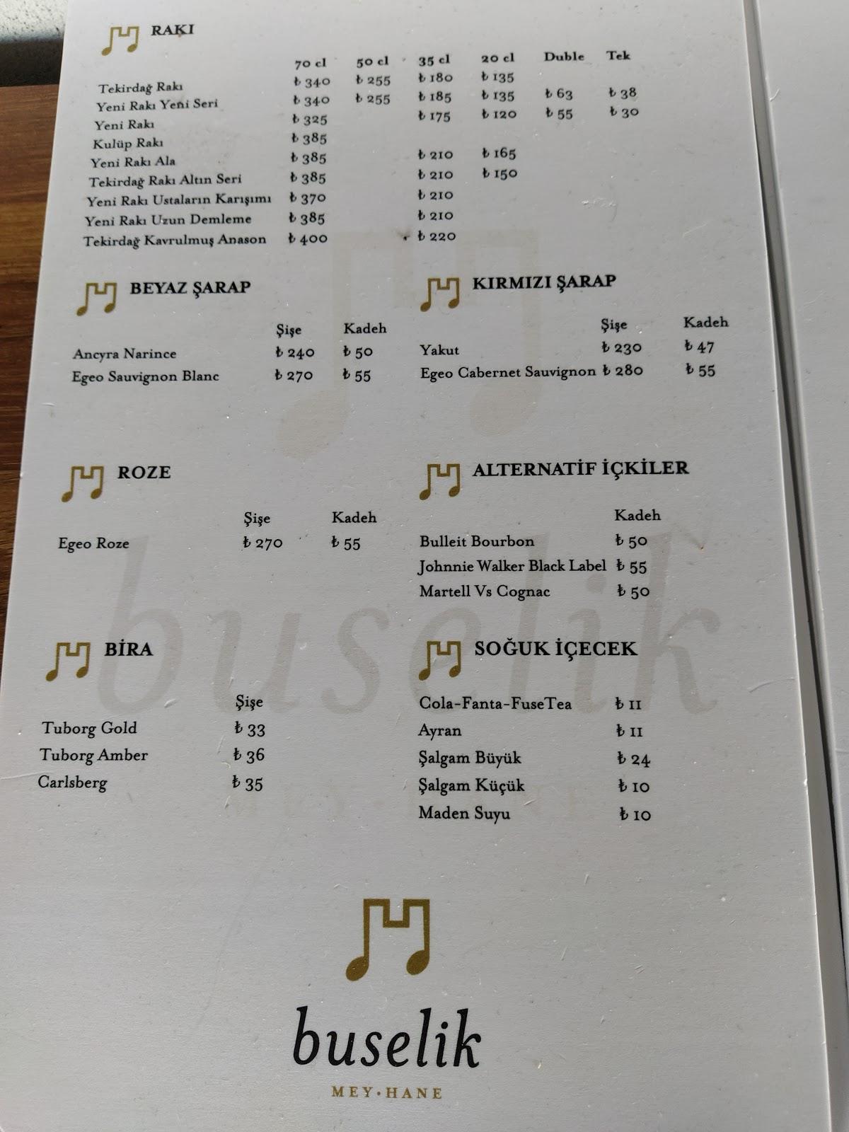 Menu at Tuzla Buselik, Istanbul