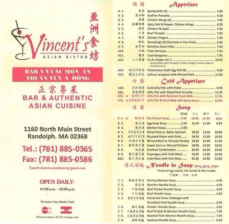 Menu at Vincent's Asian Bistro Bar, Randolph