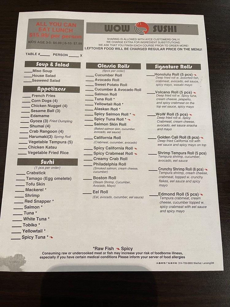 Menu at Wow Sushi (All You Can Eat) restaurant, Edmond