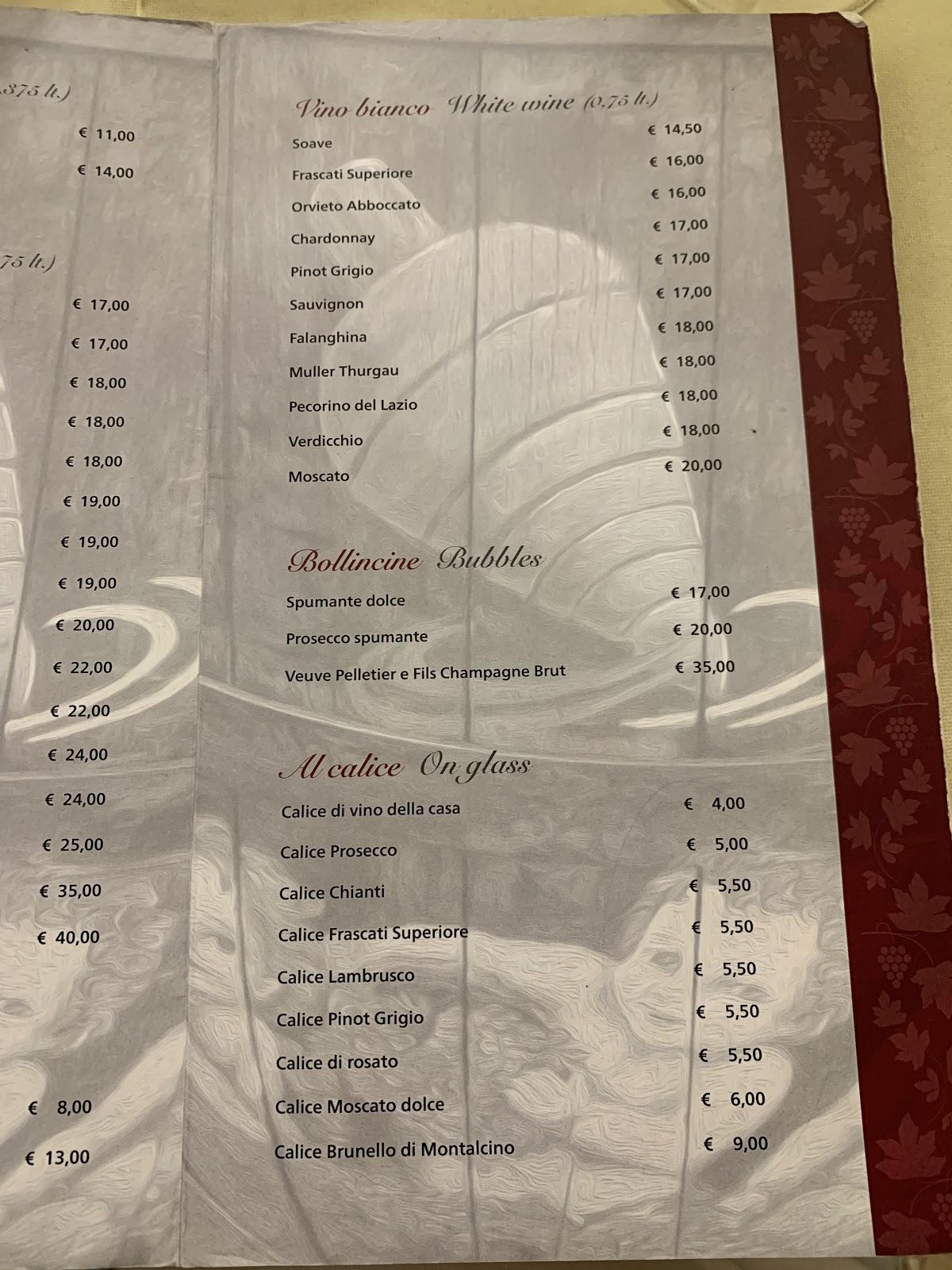 Menu da Al Picchio pizzeria, Roma