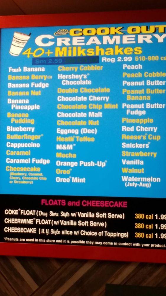 Menu at Cook Out fast food, Memphis, US-64