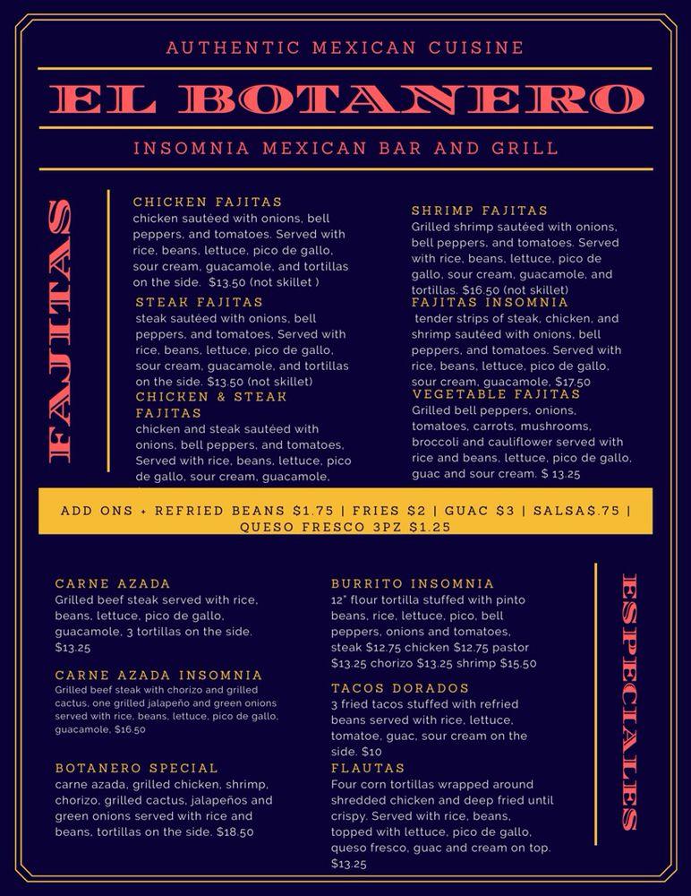 Carta de El Botanero Insomnia Mexican Bar And Grill, Pittsburgh