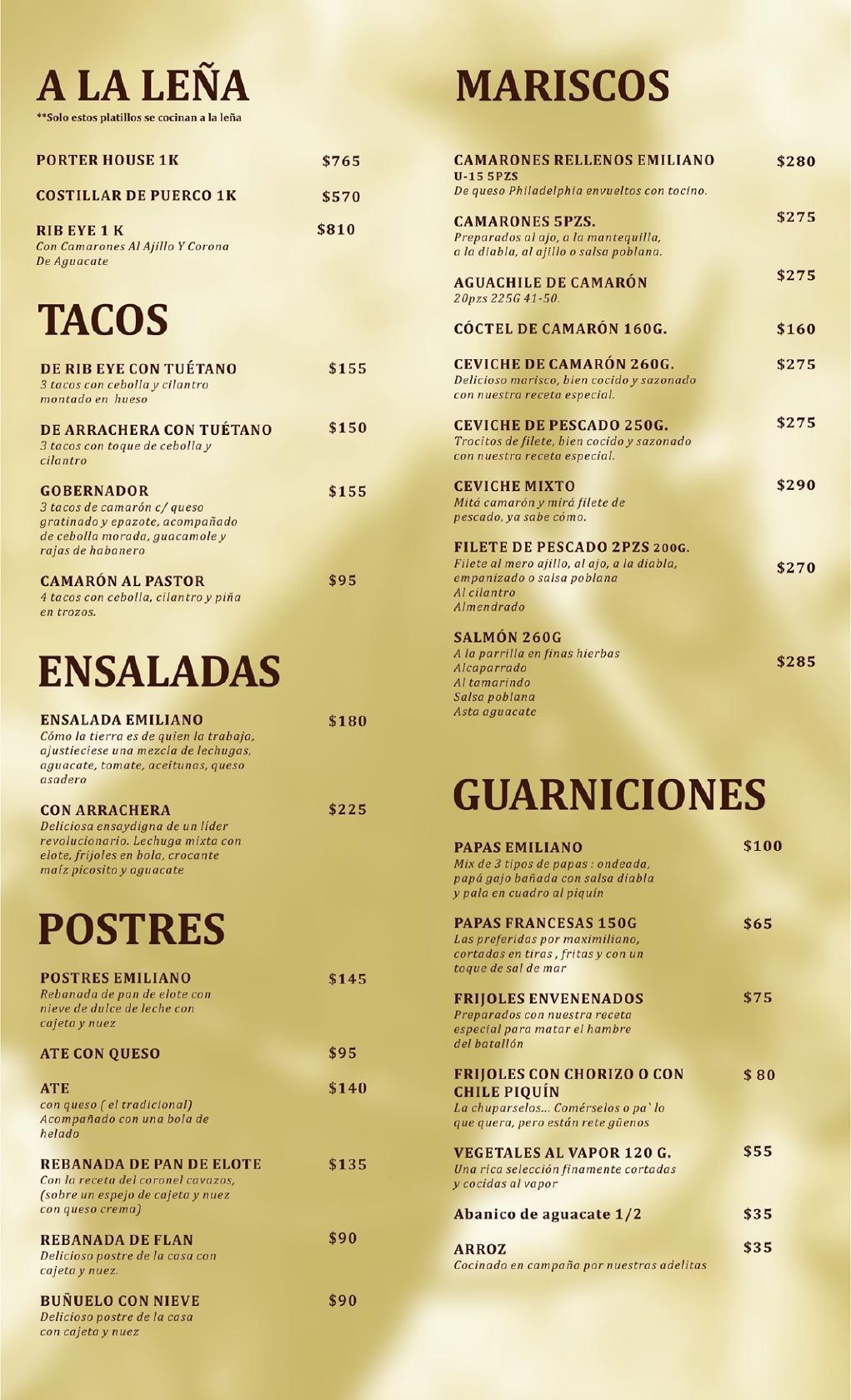 Carta del restaurante El Emiliano, Monterrey