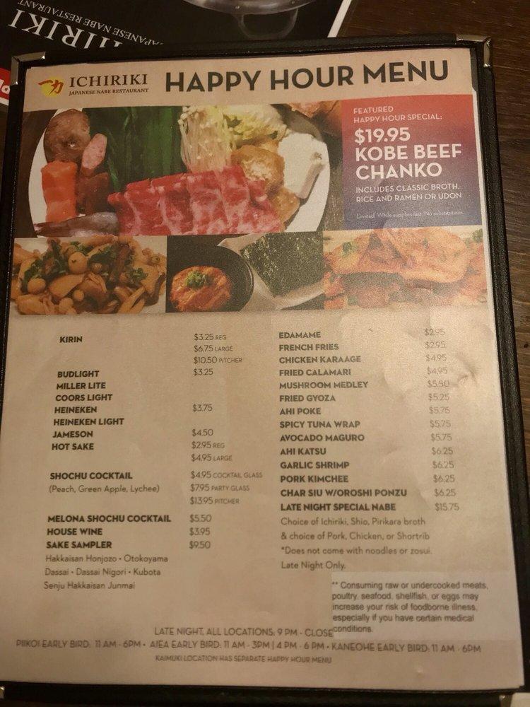 Menu at Ichiriki Japanese Nabe Restaurant, Honolulu, 510 Piikoi St
