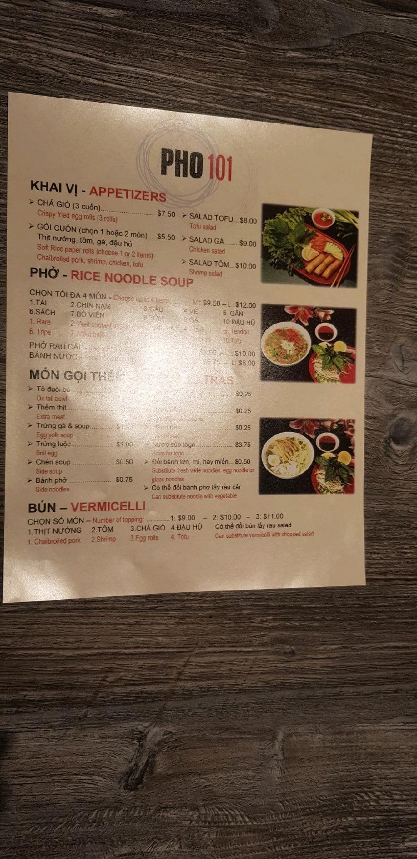 Menu at Pho 101 restaurant, Westminster, Edinger Ave