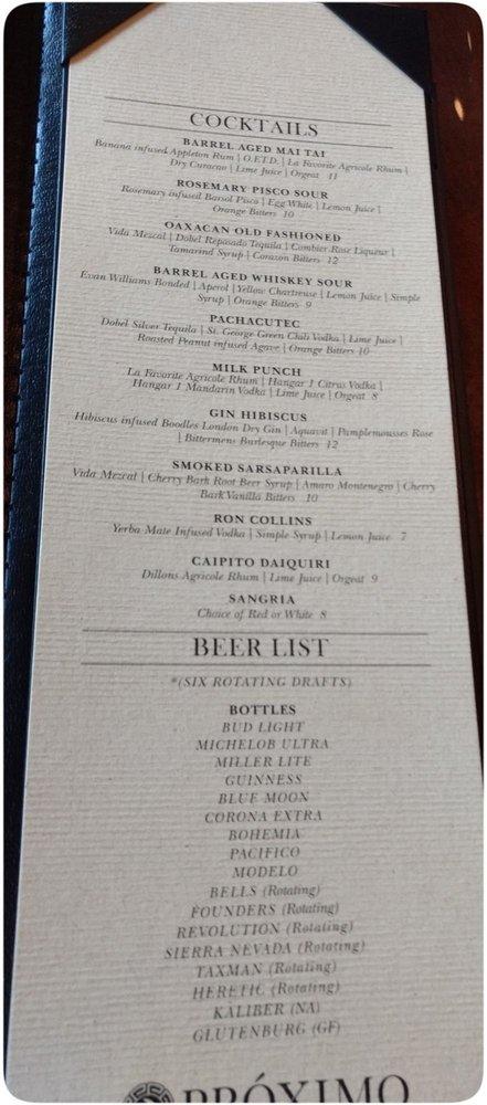 Menu at Proximo restaurant, Fort Wayne