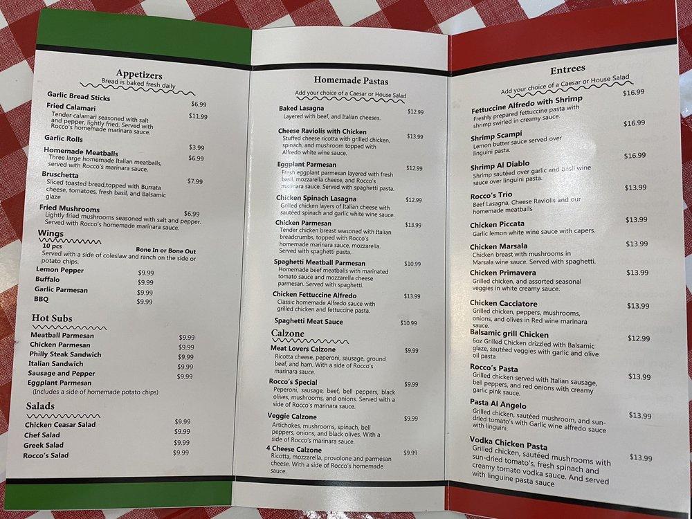 Menu at Rocco’s Italian Café pizzeria, Richardson