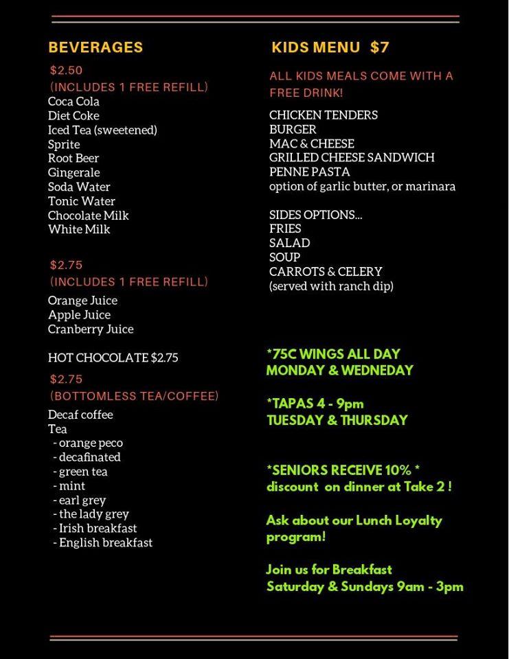 Menu at Take 2 Restaurant & Bar, Fort Erie