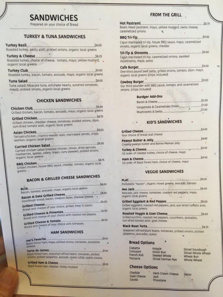 Menu at The Buttery cafe, Santa Cruz
