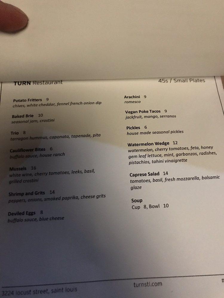 Menu at Turn restaurant, St. Louis