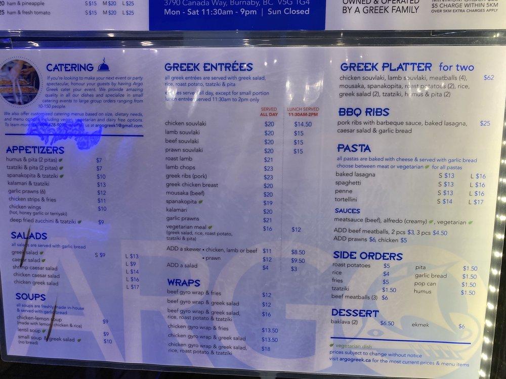 Menu at Argo Greek Cuisine Pizza & Pasta pizzeria, Burnaby