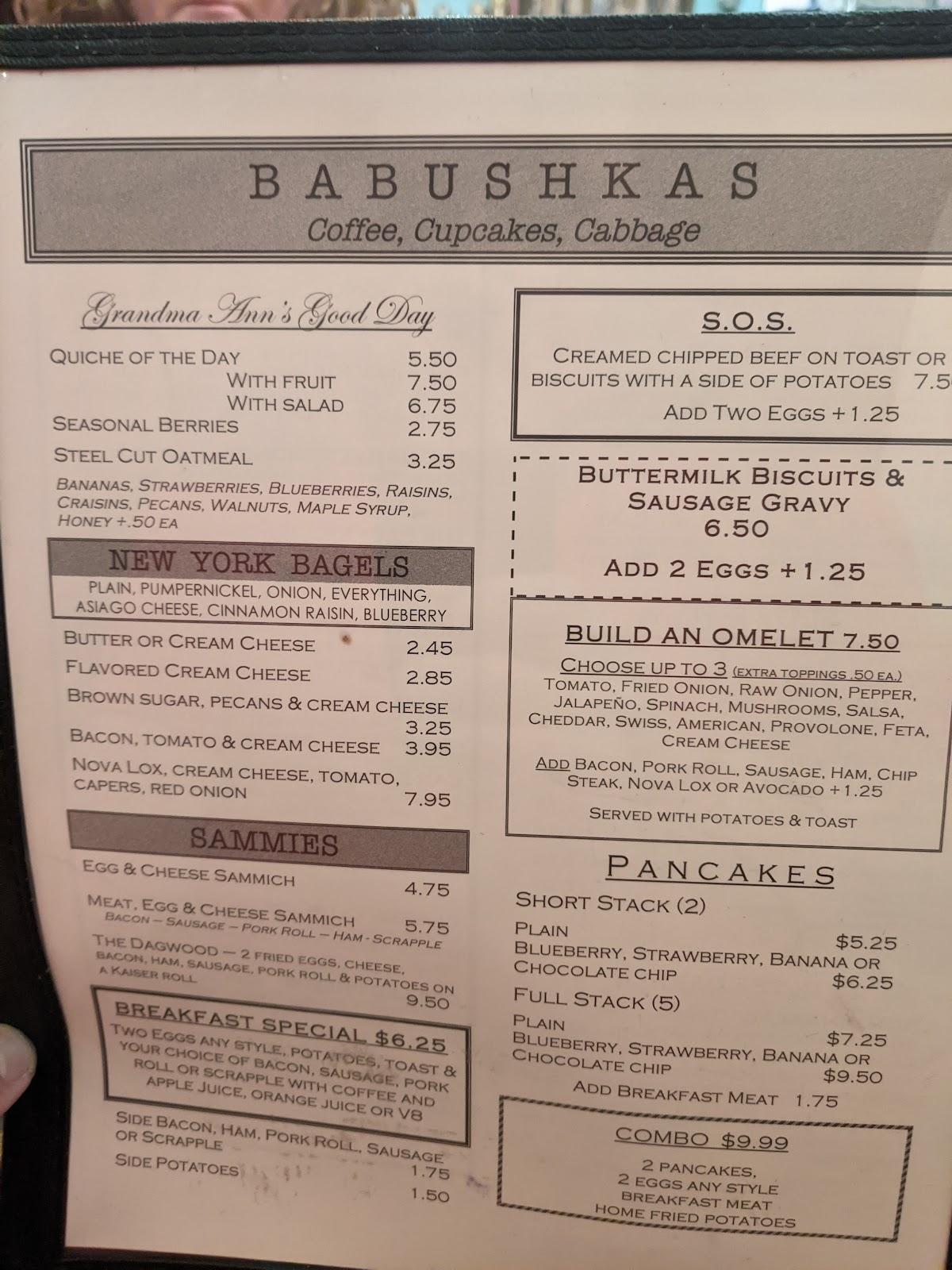 Menu at Babushkas restaurant, Quakertown