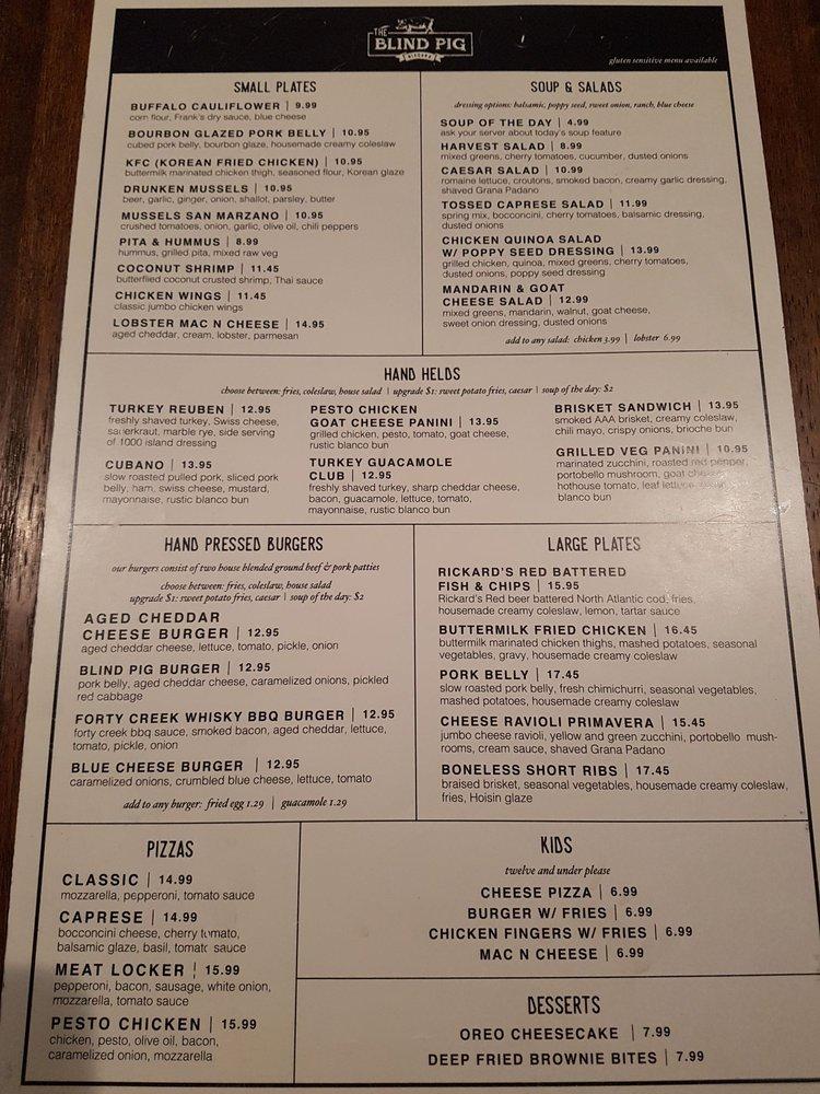 Menu at Blind Pig pub & bar, Niagara Falls