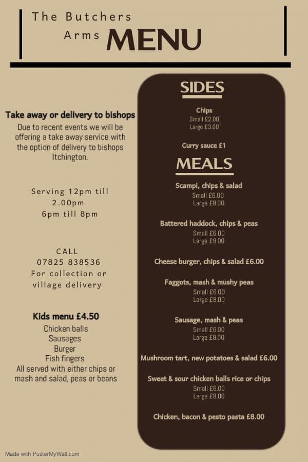 Menu at Butchers Arms pub & bar, Southam