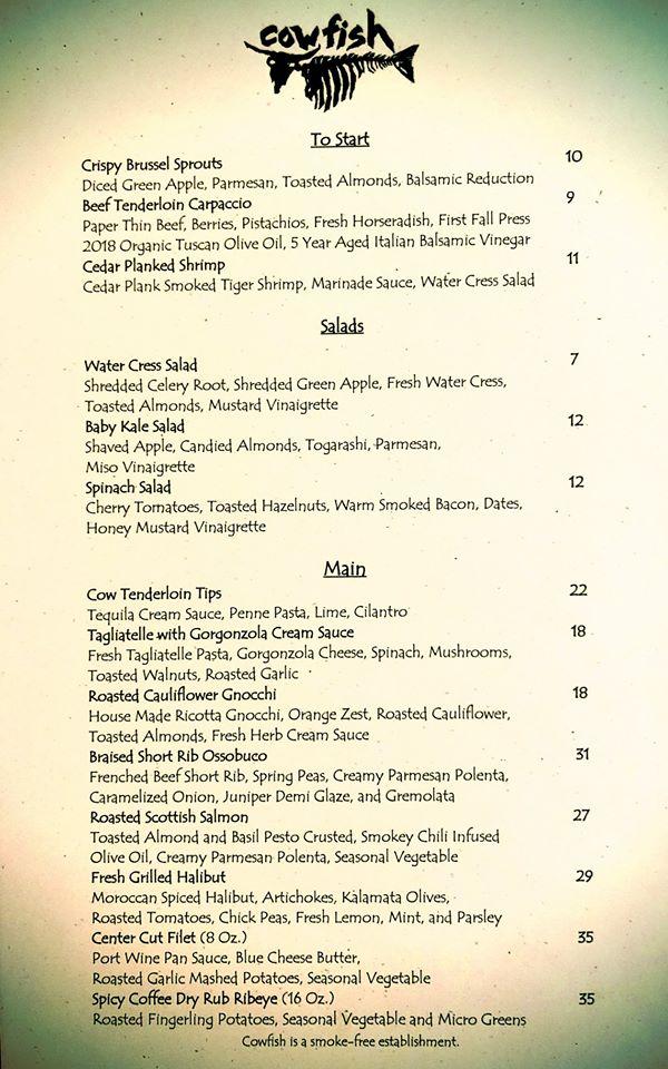 Menu at Cowfish steakhouse, Lander