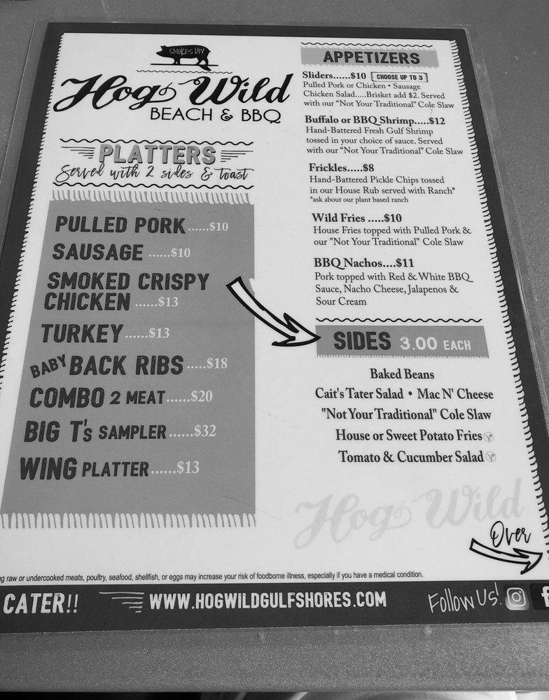 Menu at Hog Wild Beach & BBQ, Gulf Shores