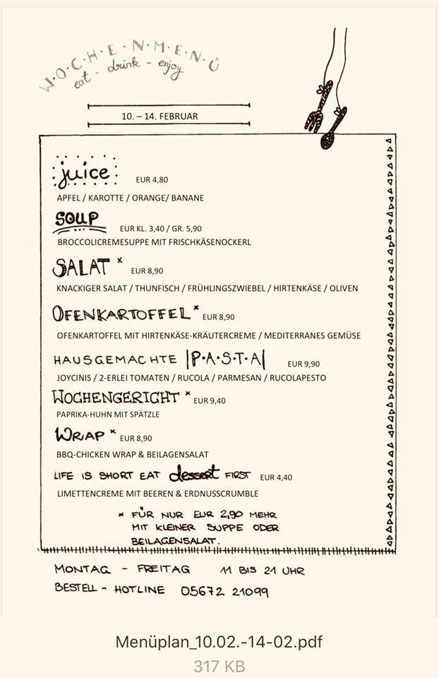 Menu at Joyce restaurant, Reutte