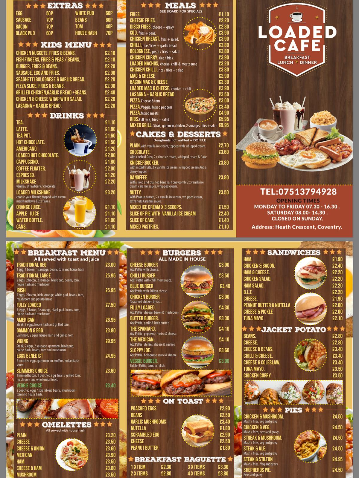 Menu at Loaded Cafe, Coventry