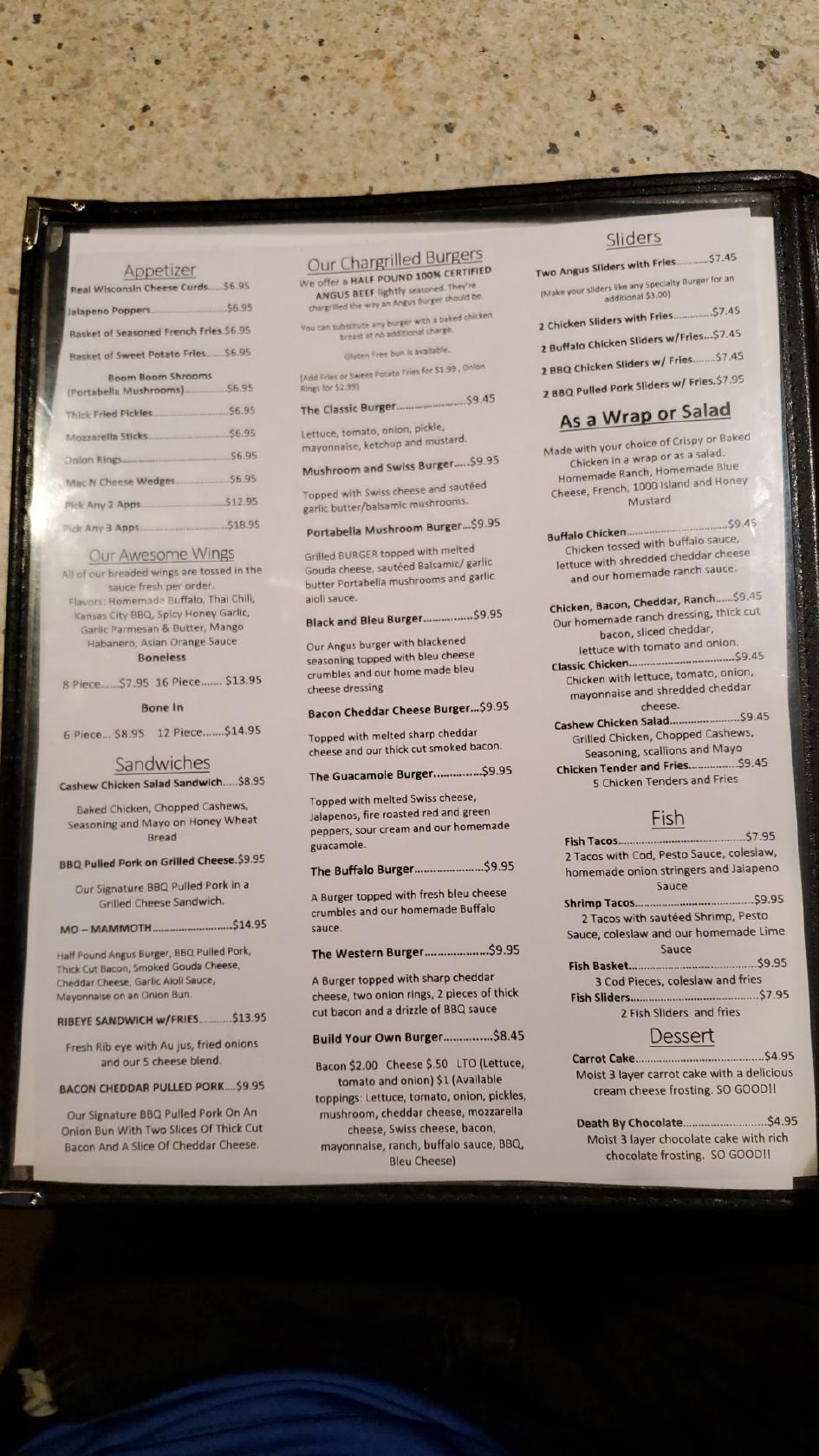 Menu at Mo's Pub, Escanaba