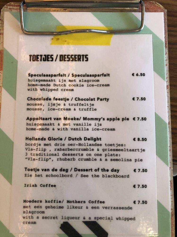 Menu at Moeders, Amsterdam, Rozengracht 251
